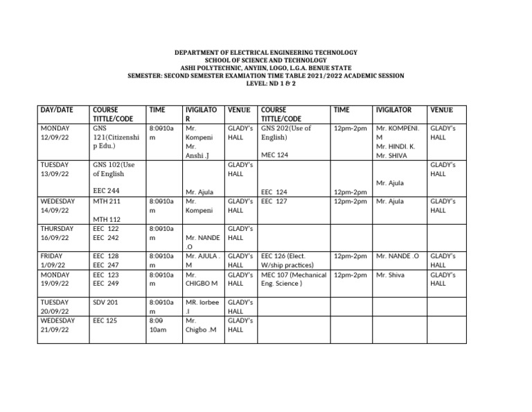 EXAM TIME TABLE Second Semester 2021 2022 | PDF | Educational Stages | Schools