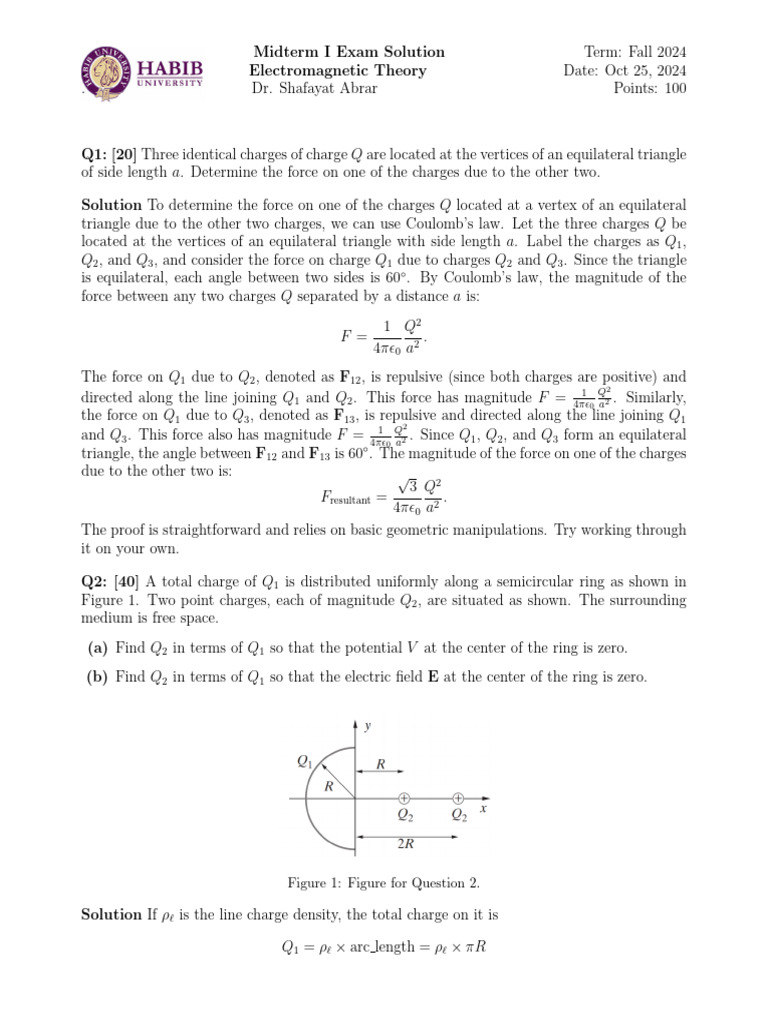 EMT 2024 Midterm I Solution | PDF | Electric Field | Force