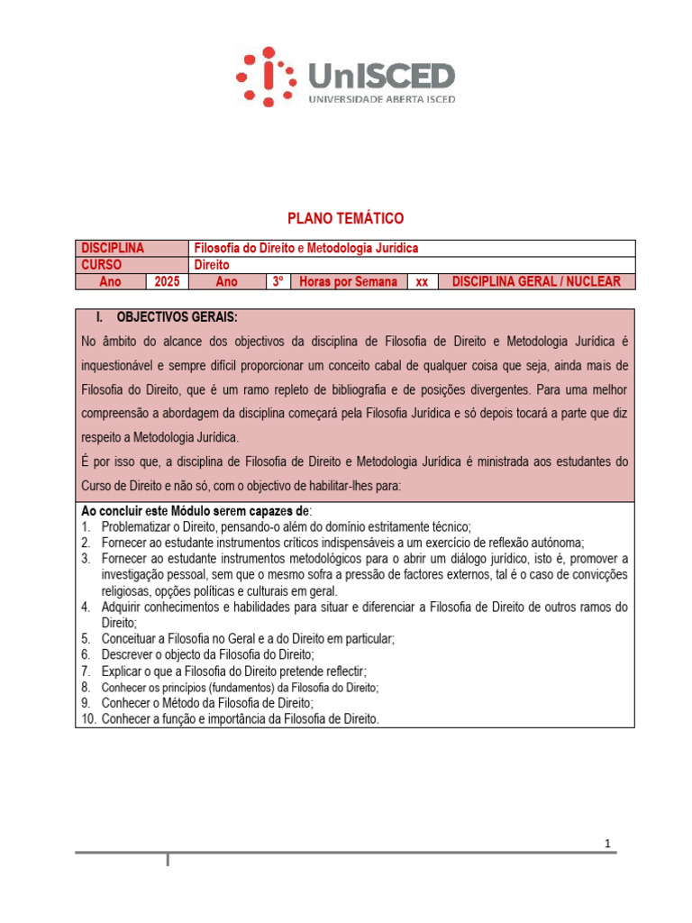Plano Tematico Analitico - FDMJ - 2025 | PDF | Aprendizado | Jurisprudência