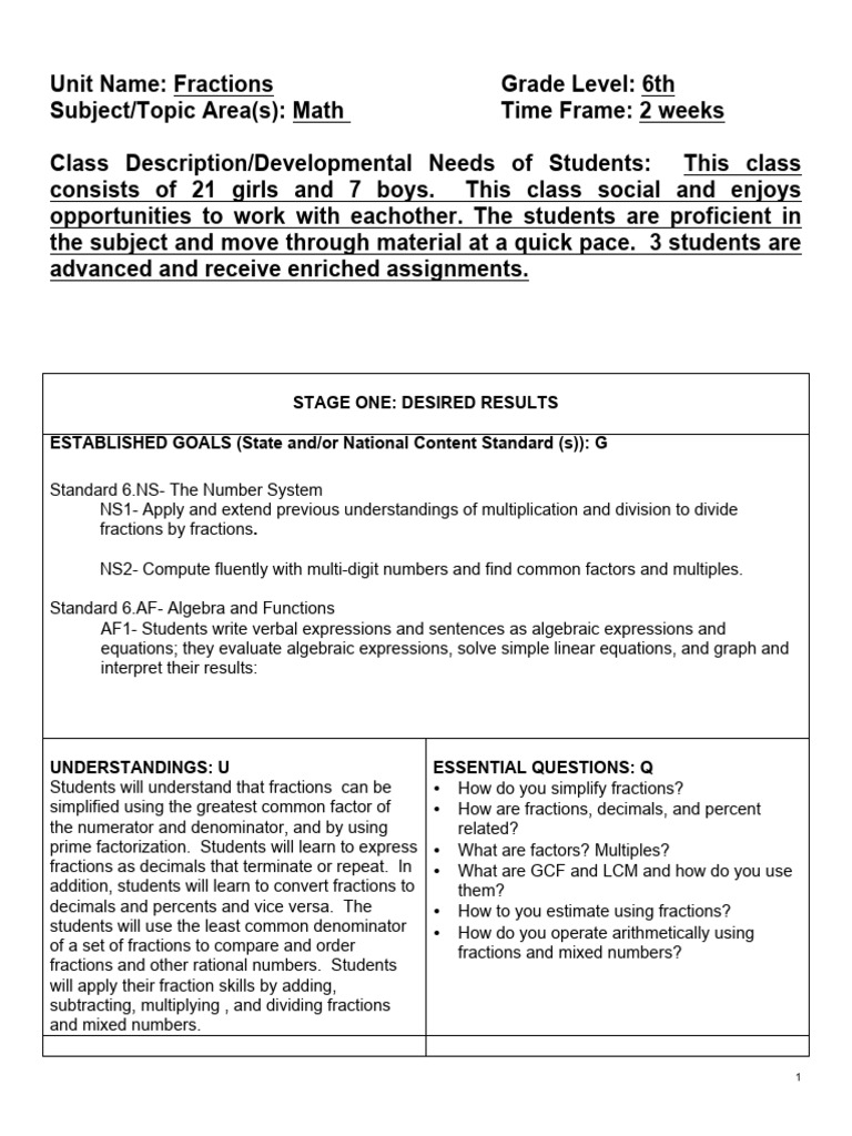 6th Grade Fractions Unit Plan | PDF | Multiplication | Numbers