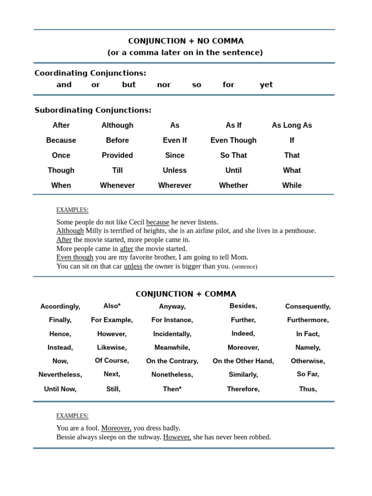 conjunctions & commas LIST | PDF