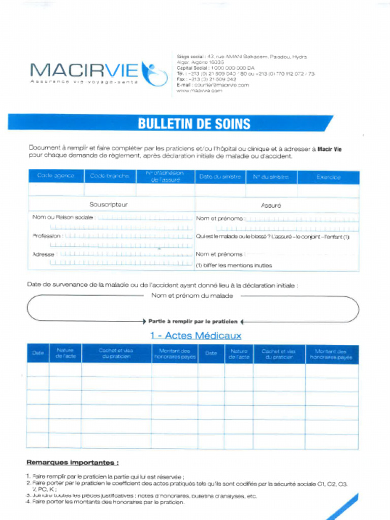 Bulletin de Soins Macir Vie | PDF