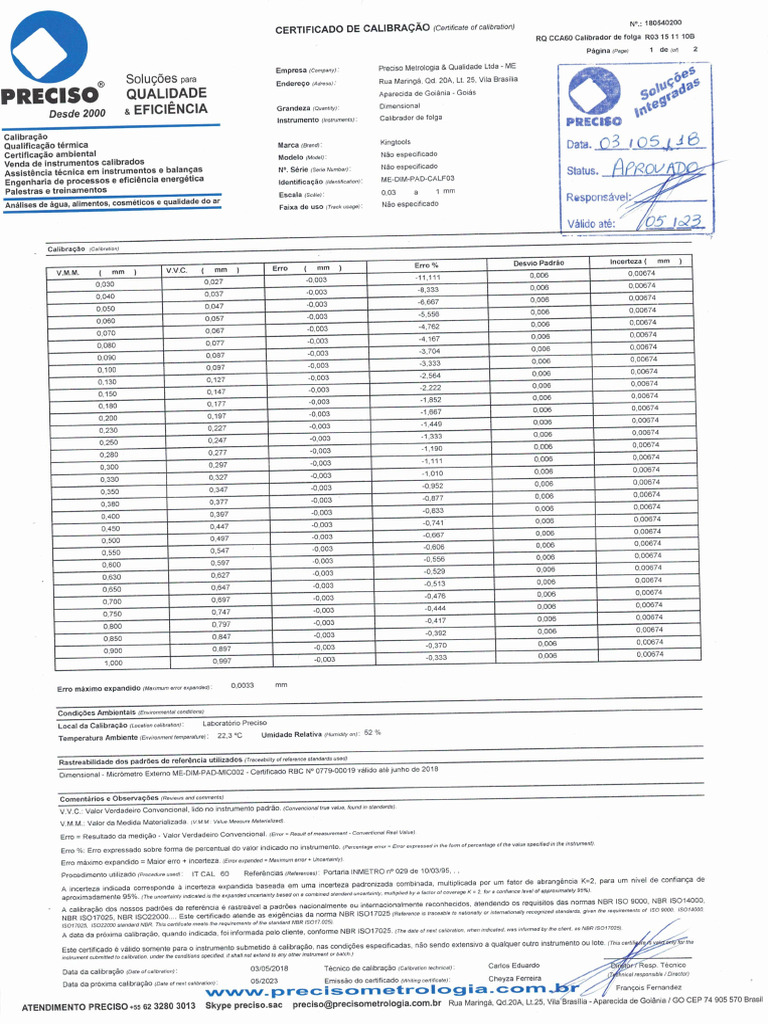 Dimensional - Calibrador de Folga ME-DIM-PAD-CALF003 - Certificado Rastreável RBC #180540200 ...