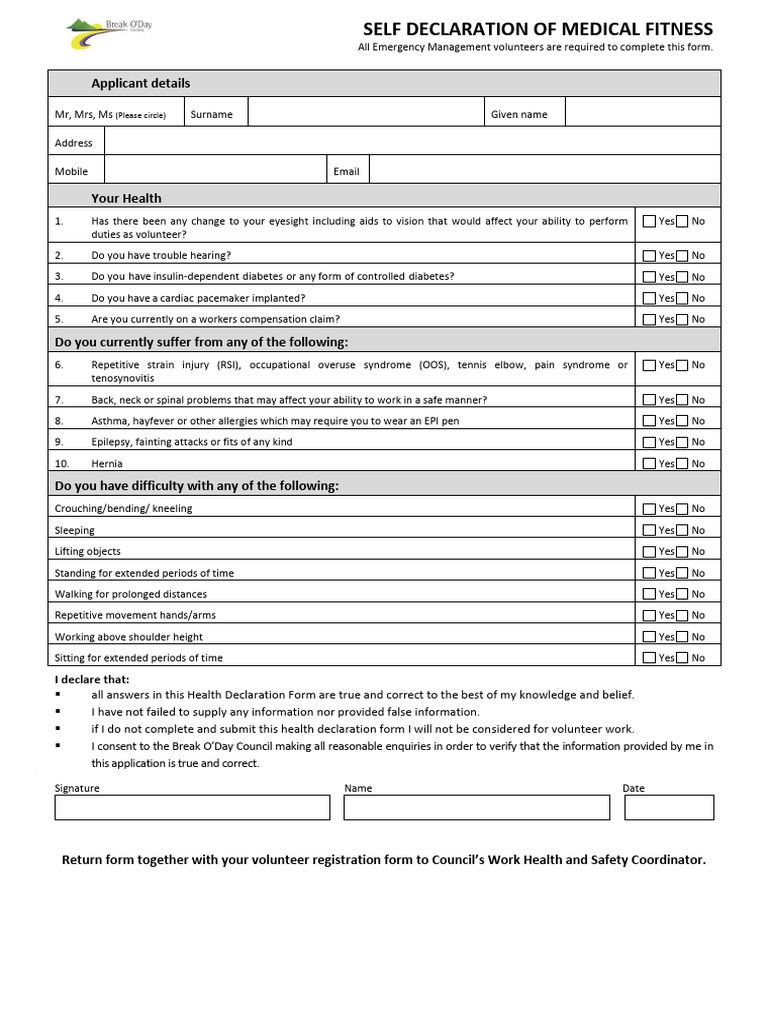 BODC Self Declaration of Medical Fitness Form Emergency Management V ...