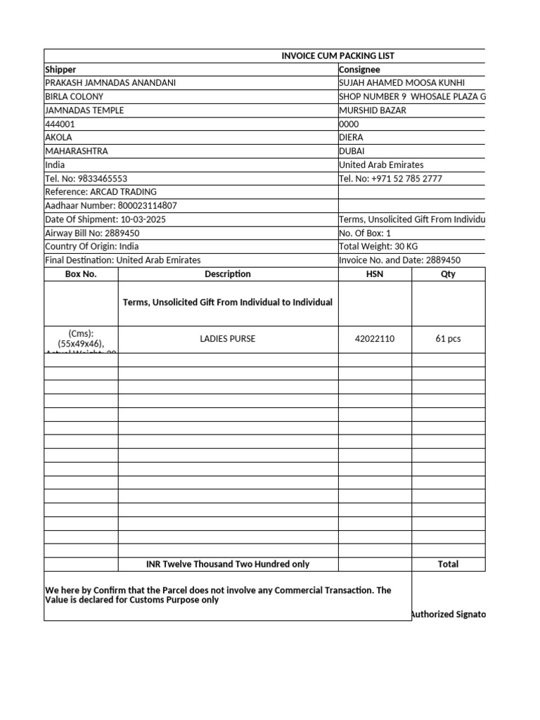 Invoice and Packing List for Gift Shipment | PDF