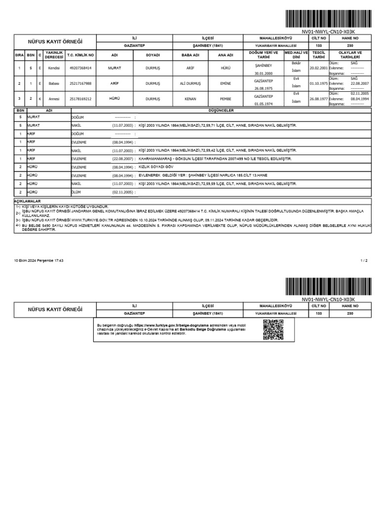 Nufus Kayit Ornegi | PDF