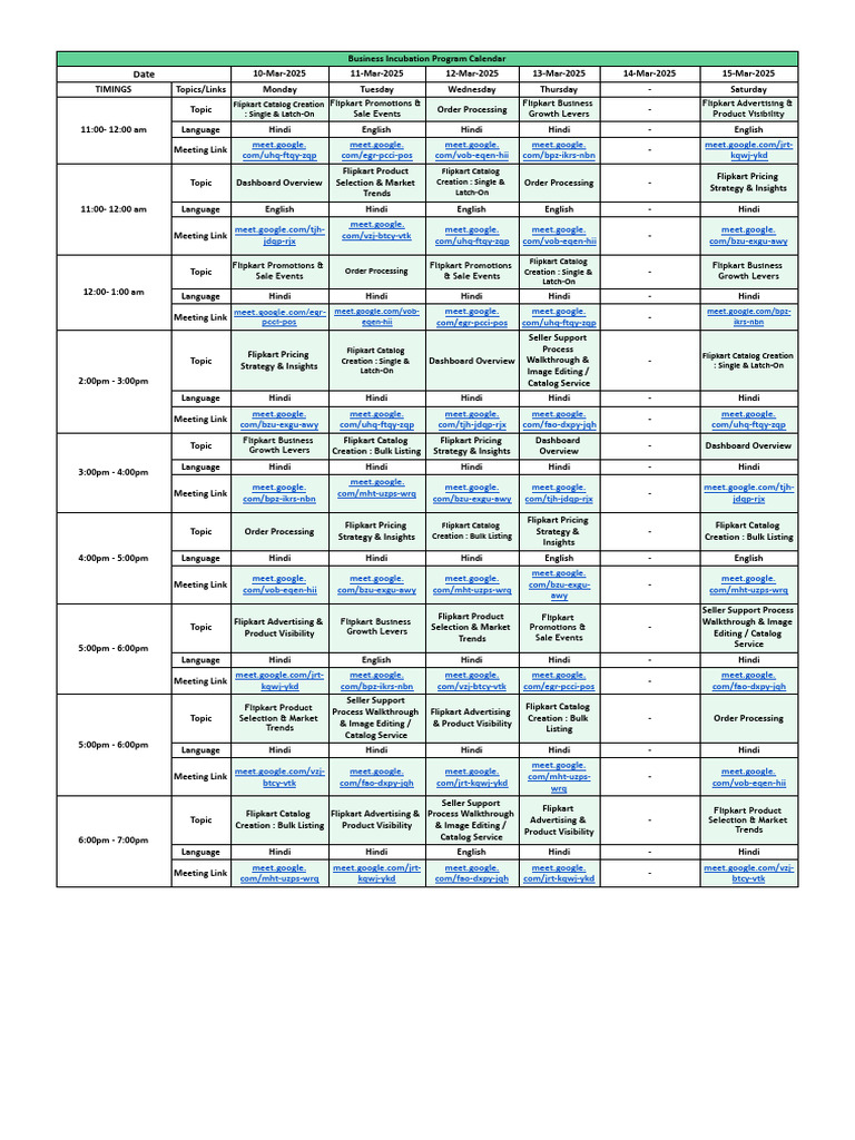 Incubation Webinar Calendar - Calendar 10th Mar To 15th Mar | PDF