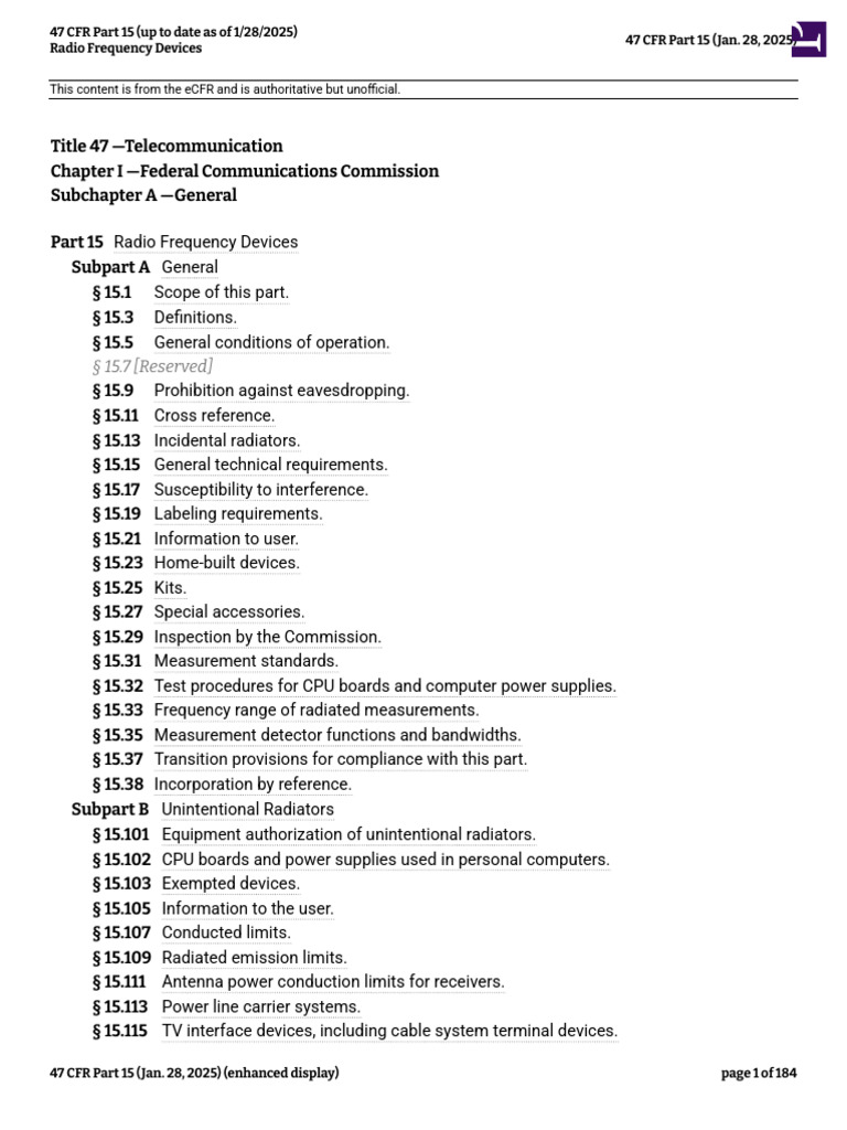 Overview of 47 CFR Part 15 Regulations | PDF | Radio | Telephone