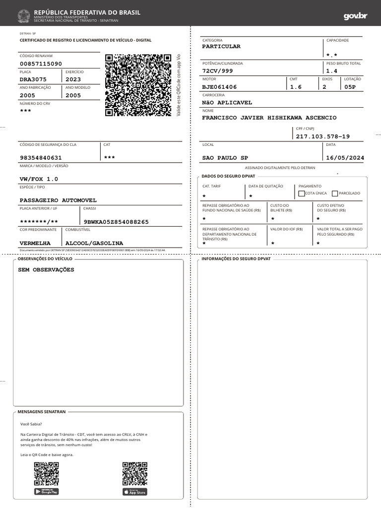 CRLV Digital - Fox DRA3075-2023 | PDF | Transporte terrestre | Veículos