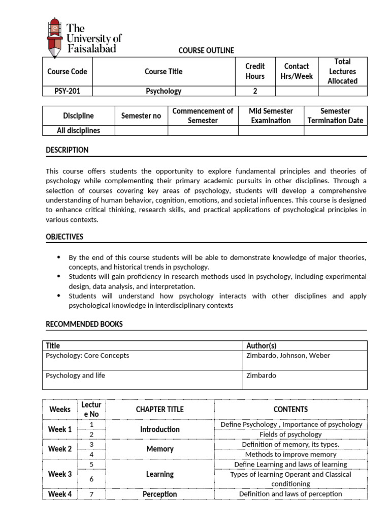 PSY-201 Course Overview and Outline | PDF | Psychology | Psychotherapy