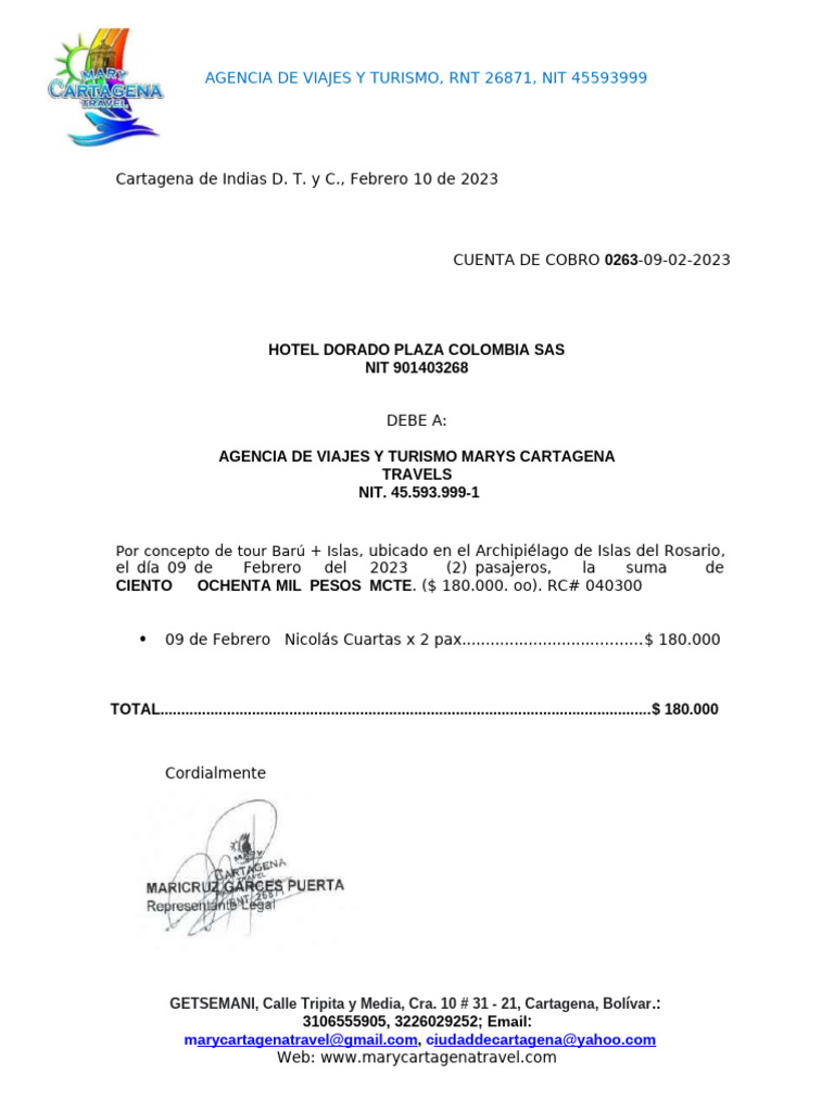 263.cuenta Cobro 09-02-2023 Nicolas Cuartas - Barú + Islas | PDF