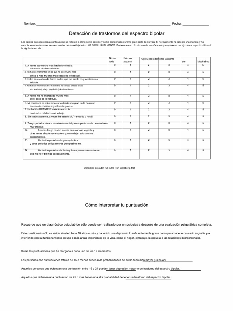 Goldberg's - Bipolar Test | PDF | Trastorno depresivo mayor | Depresión ...