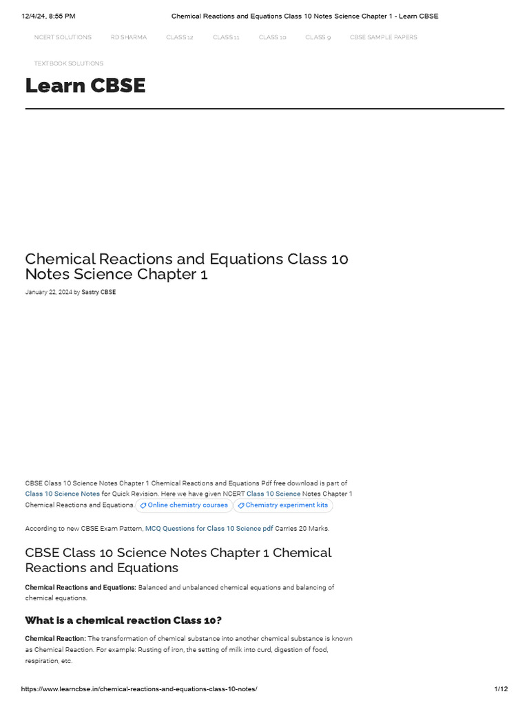 Chemical Reactions and Equations Class 10 Notes Science Chapter 1 | PDF ...