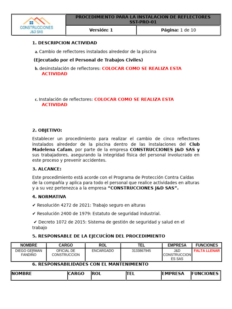 Procedimiento Cambio de Reflectores Cafam Madelena. | PDF