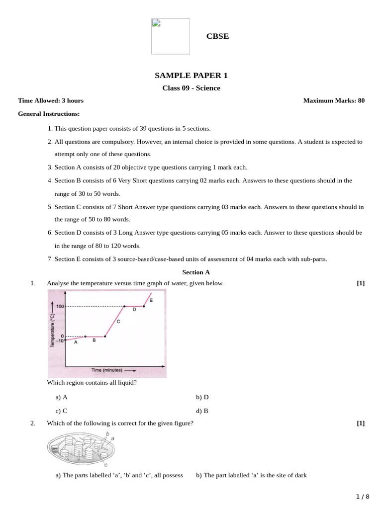 Class 9 Science Sample Paper CBSE | PDF