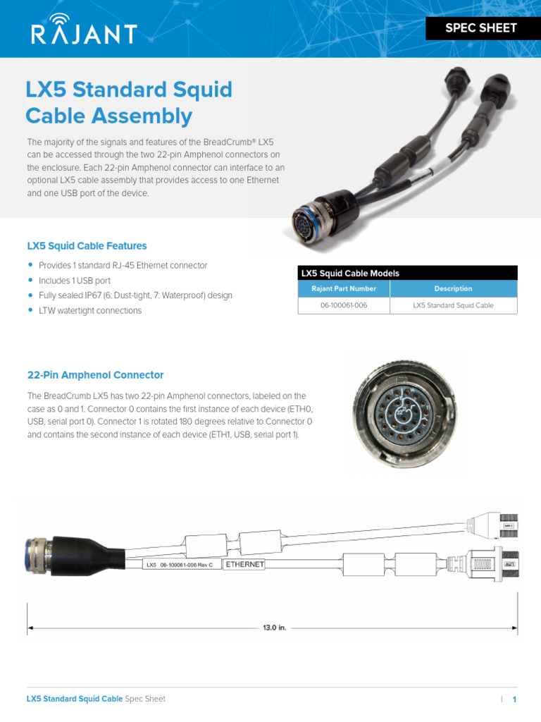 Rajant SpecSheet LX5 Squid Cable 110817 | PDF | Usb | Electrical Connector