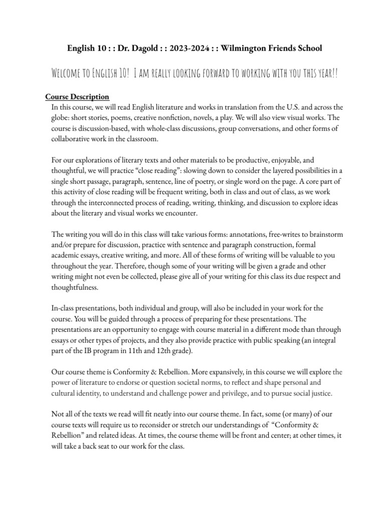English 10 Syllabus Dr. Dagold | PDF | Plagiarism | Human Communication
