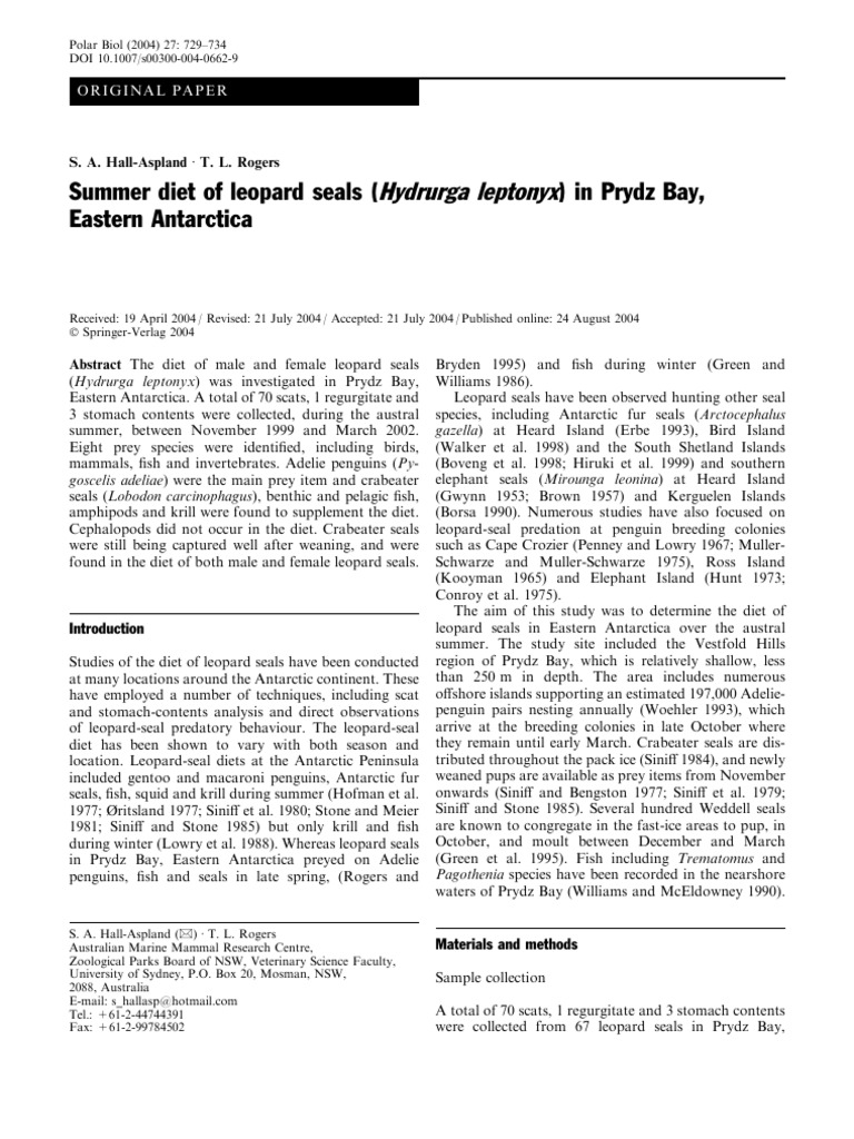 Hydrurga Leptonyx (All-Aspland & Rogers 2004) (Dieta de Verano ...