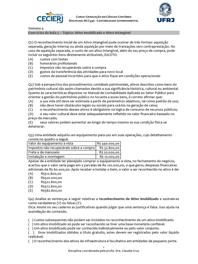 ACC590 - CG - Exercícios - Aula5 | PDF | Contabilidade | Ativo intangível