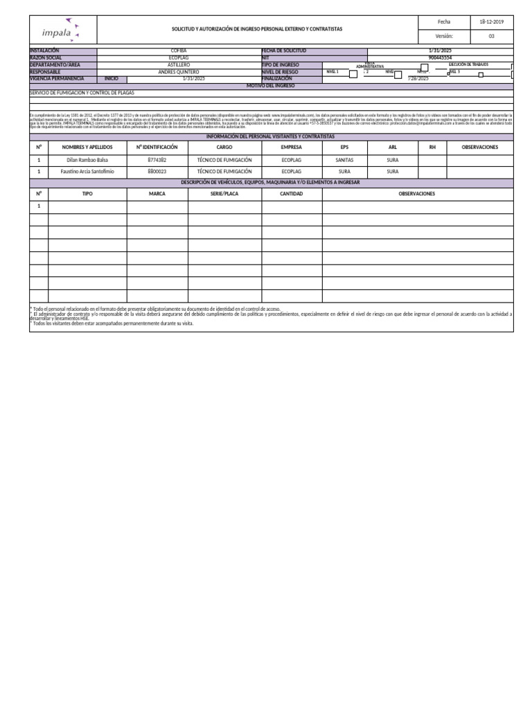 Solicitud de Ingreso de Contratistas | PDF
