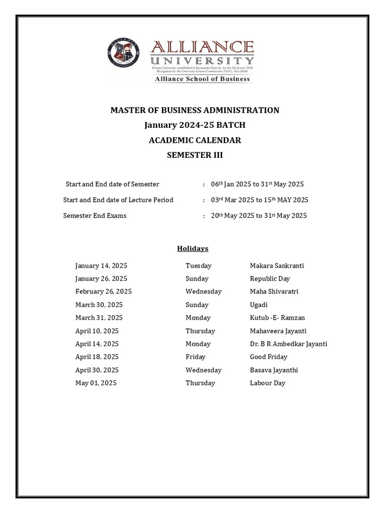 MBA Semester III Academic Calendar 2025 | PDF