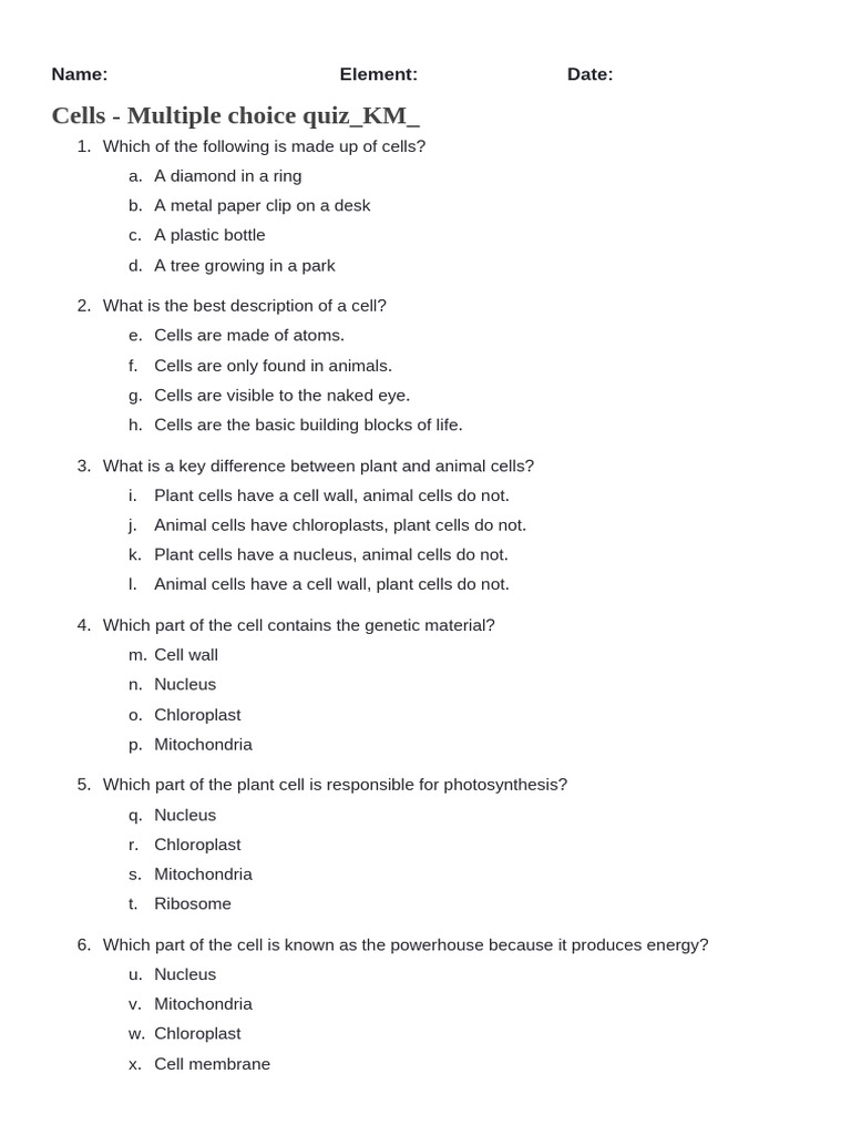 Cells - Multiple choice quiz_KM_version B | PDF | Cell (Biology ...