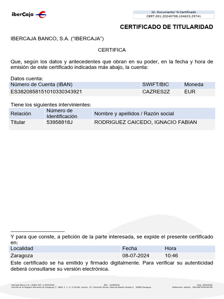 Certificado de Titularidad: Id. Documento/ N.Certificado CERT.001.20240708.104623.29741 | PDF