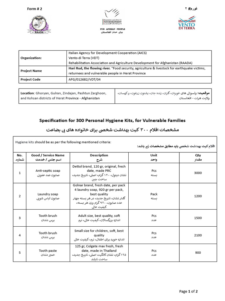 Specification For 300 Personal Hygiene Kits, For Vulnerable Families | PDF