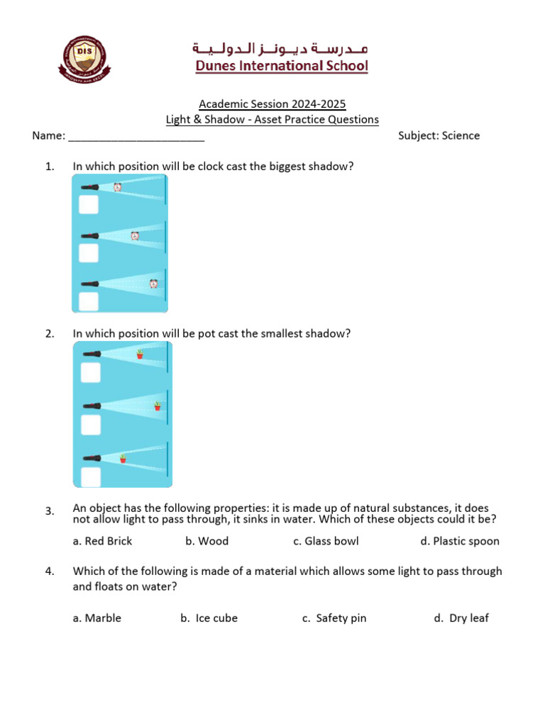 Light & Shadow Practice Questions | PDF