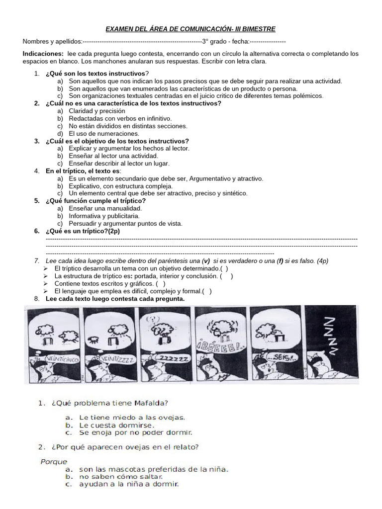 Examen Comunicación 6to Grado | PDF