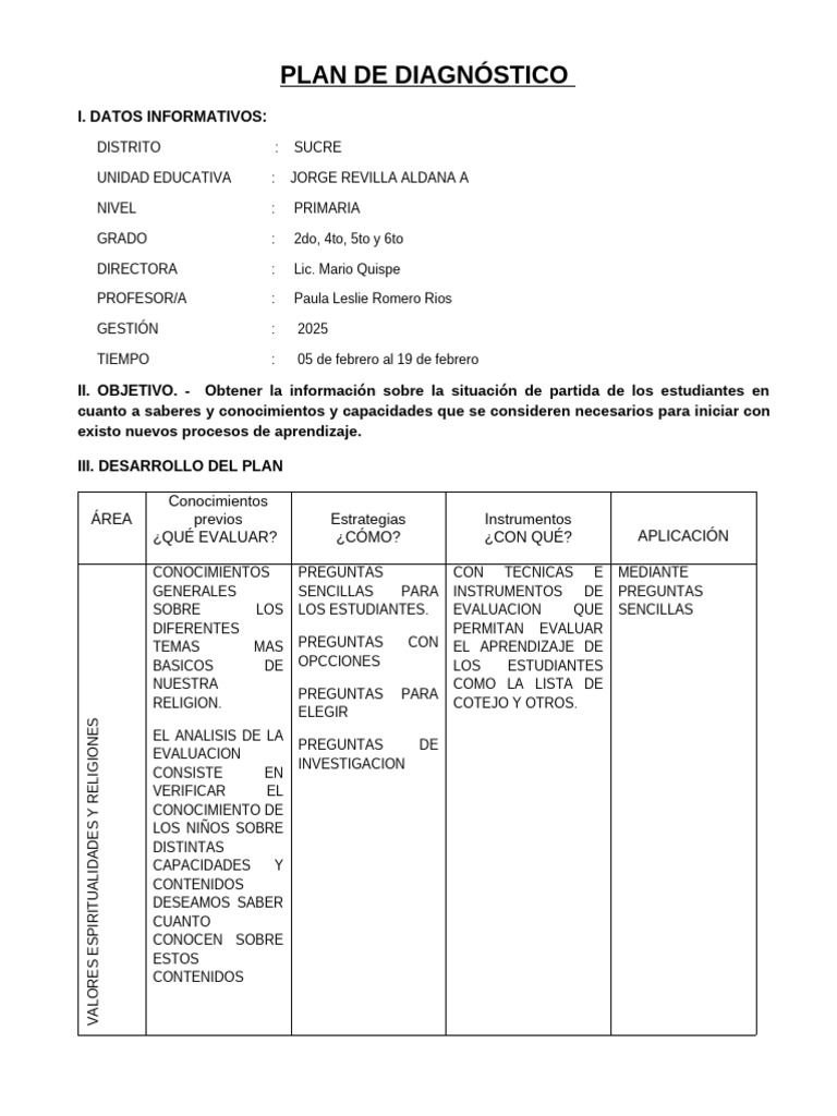 Planificación Diagnóstica Primaria 2024 | PDF | Evaluación | Aprendizaje