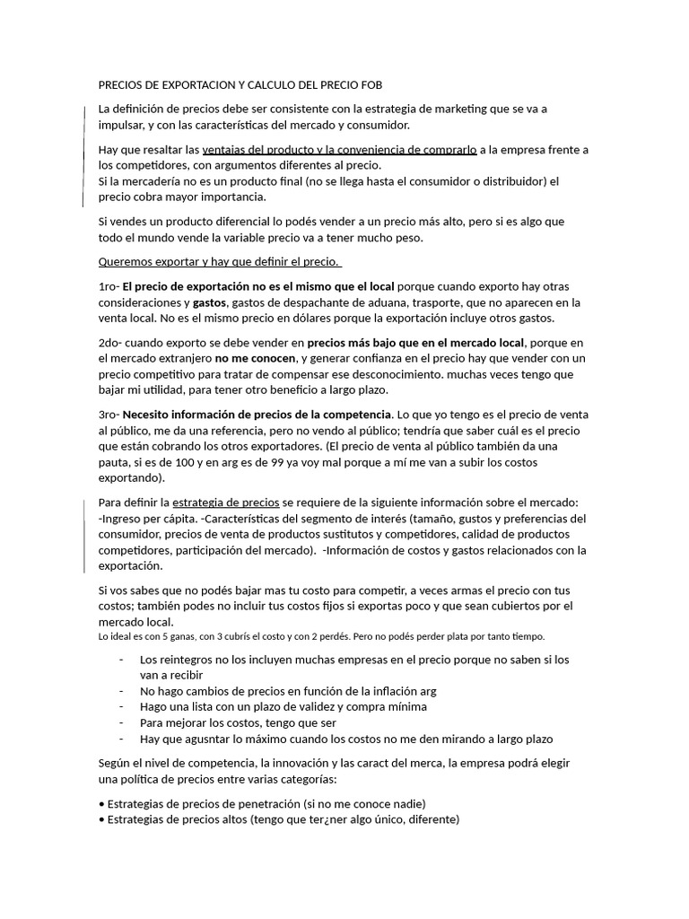 PRECIOS DE EXPORTACION Y CALCULO DEL PRECIO FOB | PDF | Precios ...
