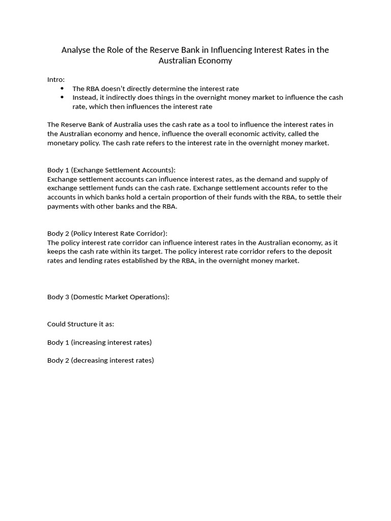 Analyse The Role of The Reserve Bank in Influencing Interest Rates in ...