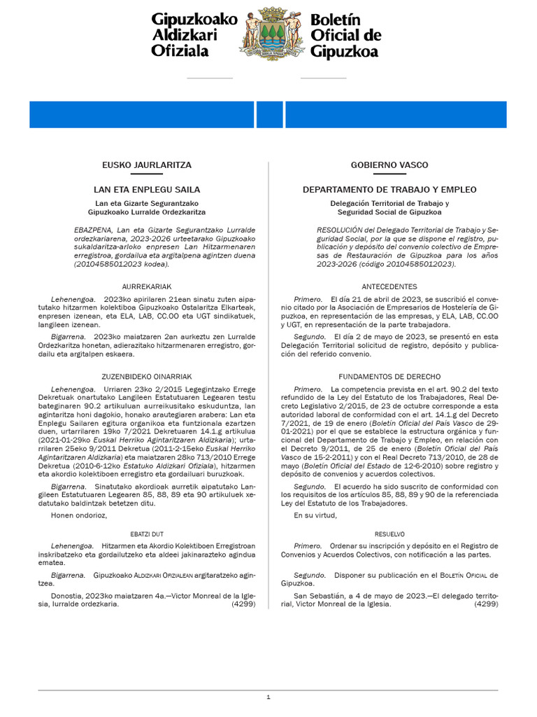 Convenio Hostelería Gipuzkoa 2023-2026 | PDF | Servicio de comida