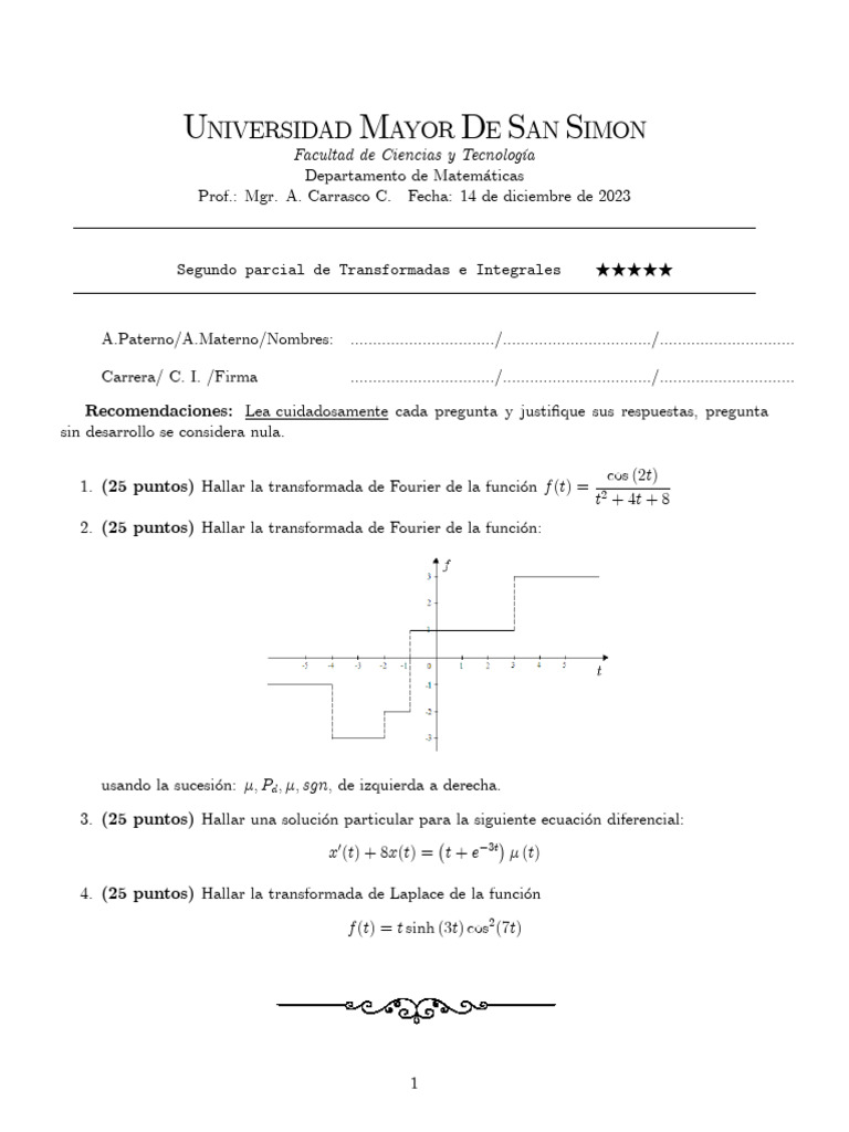 B Segundo Examen de Transformadas e Integrales II 2023 | PDF | Funciones y mapeos | Sustracción