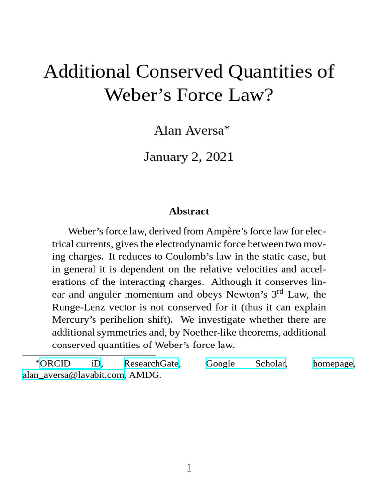 Aversa - 2021 - Additional Conserved Quantities of Weber's Force L | PDF | Force | Momentum