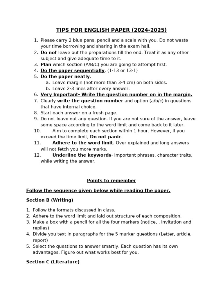 2024-25 Tips For English Paper | PDF