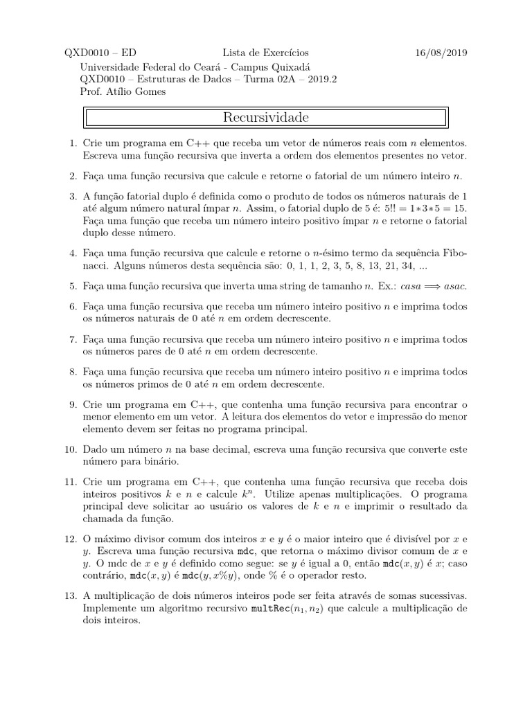 Lista Exercicios 02 Recursividade | PDF | Recursão | Número inteiro