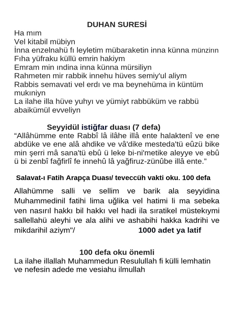 Duhan Suresi: Seyyidül Duası (7 Defa) | PDF