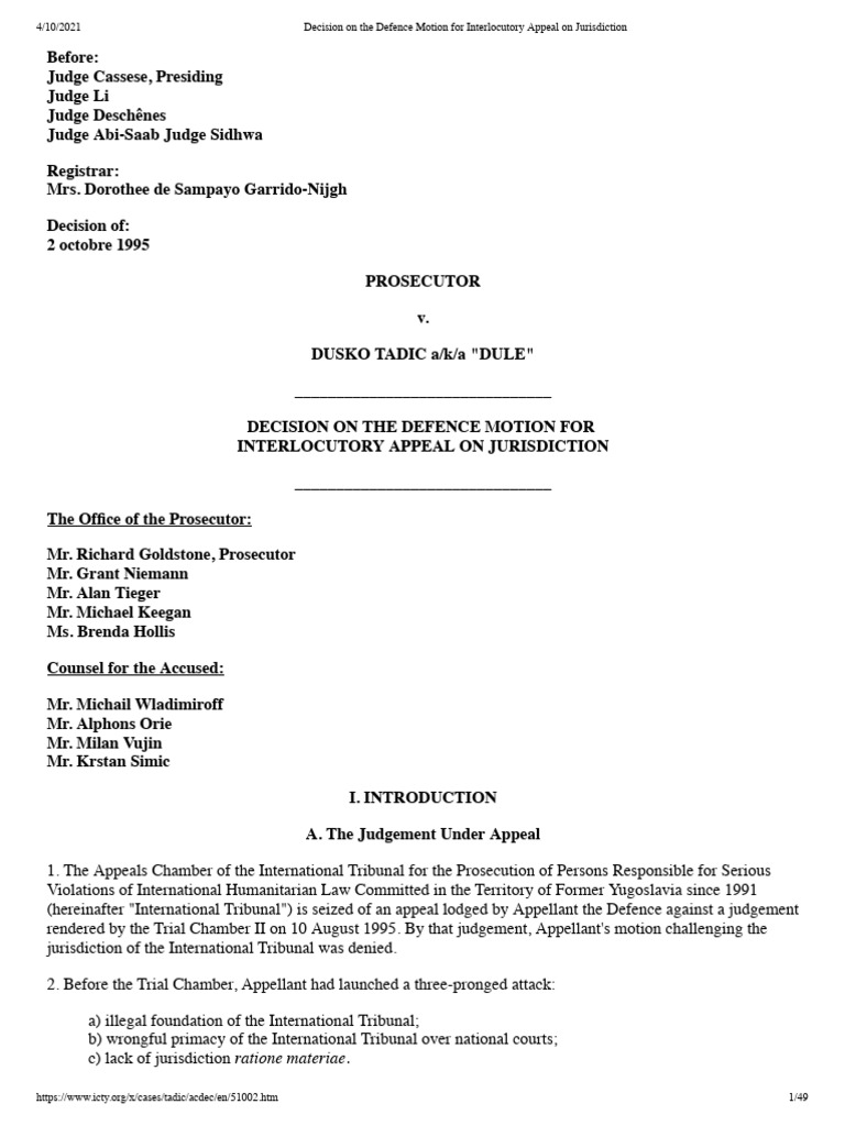 Decision On The Defence Motion For Interlocutory Appeal On Jurisdiction ...