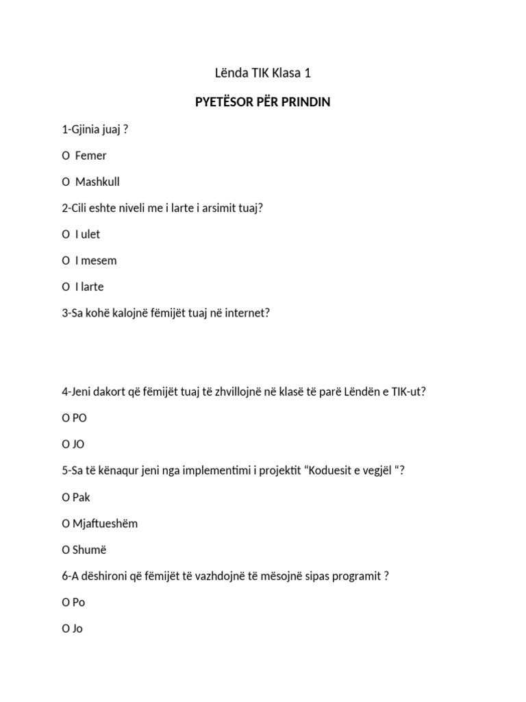Lwnda TIK Klasa 1 Pyetesor Per Prindin | PDF