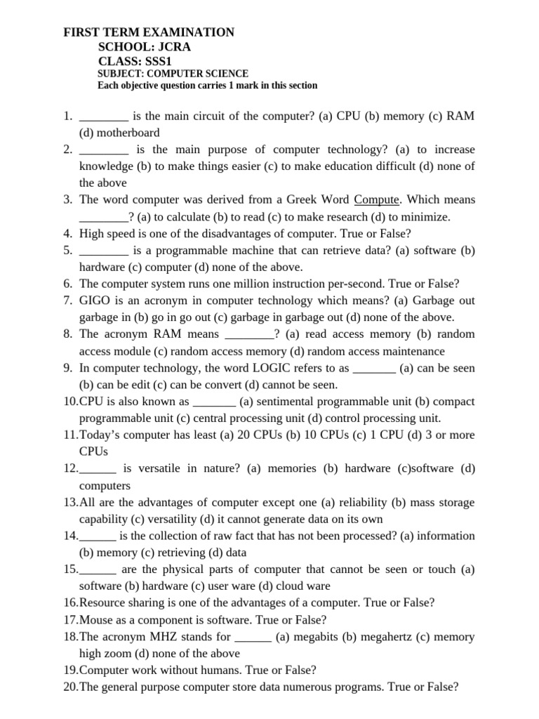 Computer Studies Examination Sss One | PDF | Computer Data Storage | Computer Network