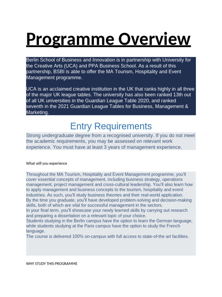 BSBI Germany Details of Hospitality Program | PDF | University And College Admission | Travel Visa
