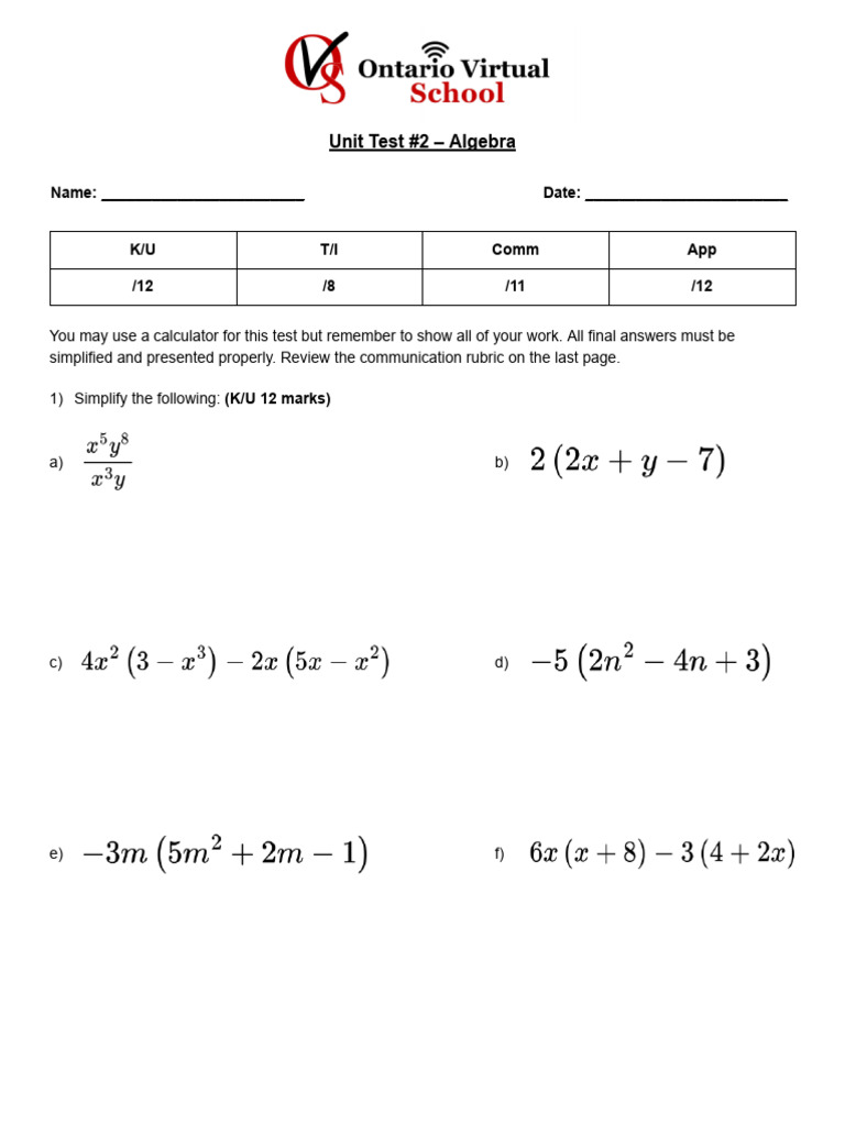 1734554617-Unit 2 Test MTH1W | PDF