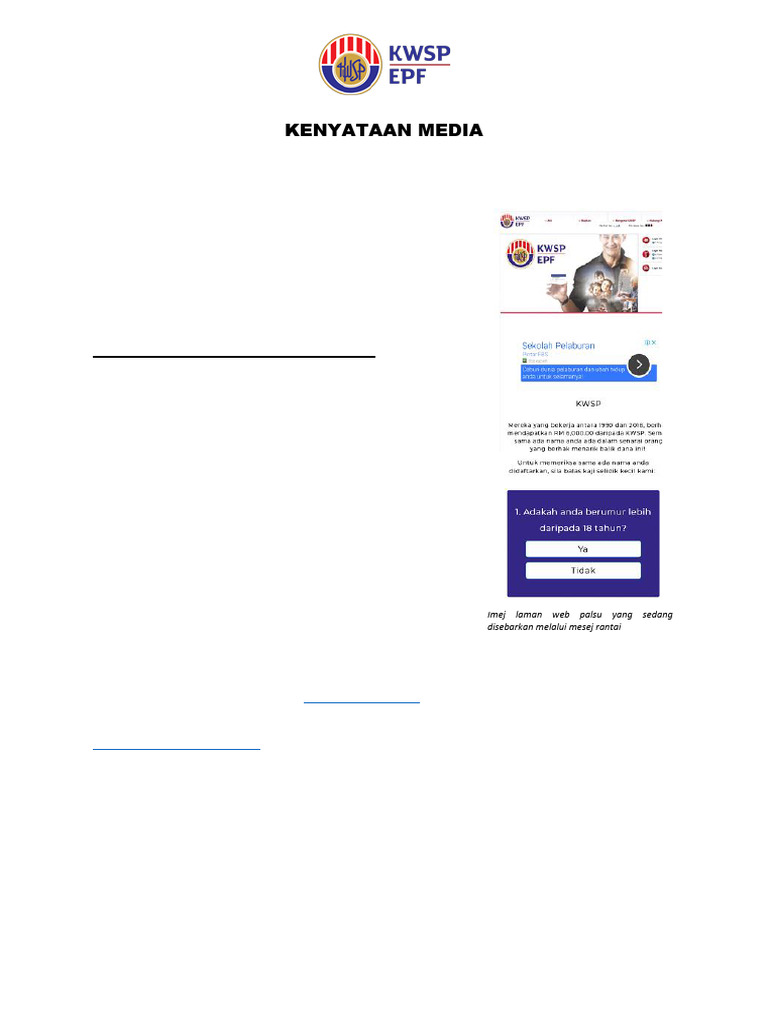 Kenyataan Media: Waspada Cubaan Menggunakan Laman Web KWSP Palsu | PDF