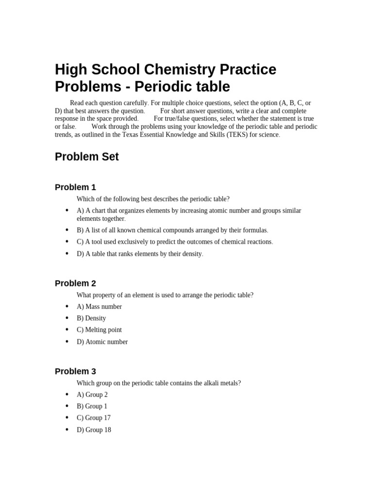 Practice Problems - High School Chemistry - Periodic Table | PDF ...