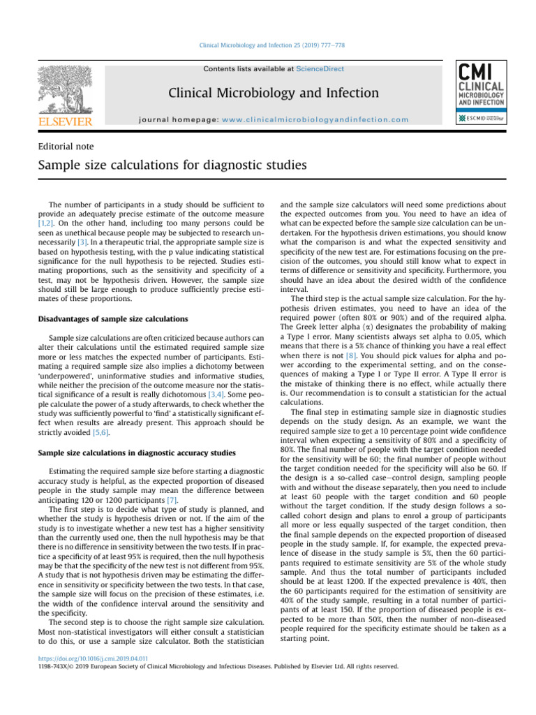 Sample Size Calculation In Diagnostic Studies Pdf Sensitivity And