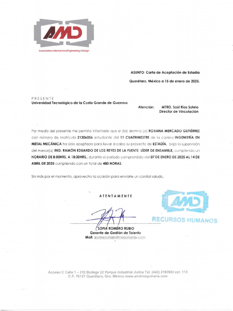 Carta de Aceptación - Roxana | PDF