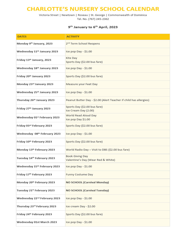 Charlotte's Nursery School Calendar 2023 | PDF