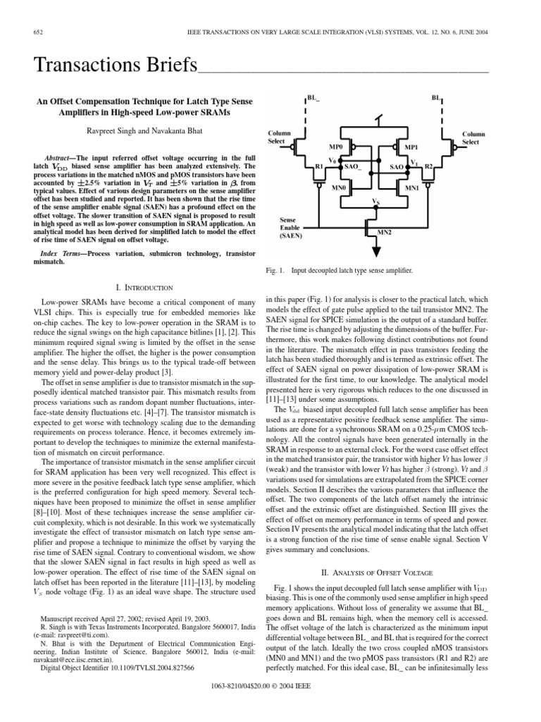 An Offset Compensation Technique For Latch Type Sense Amplifiers in ...